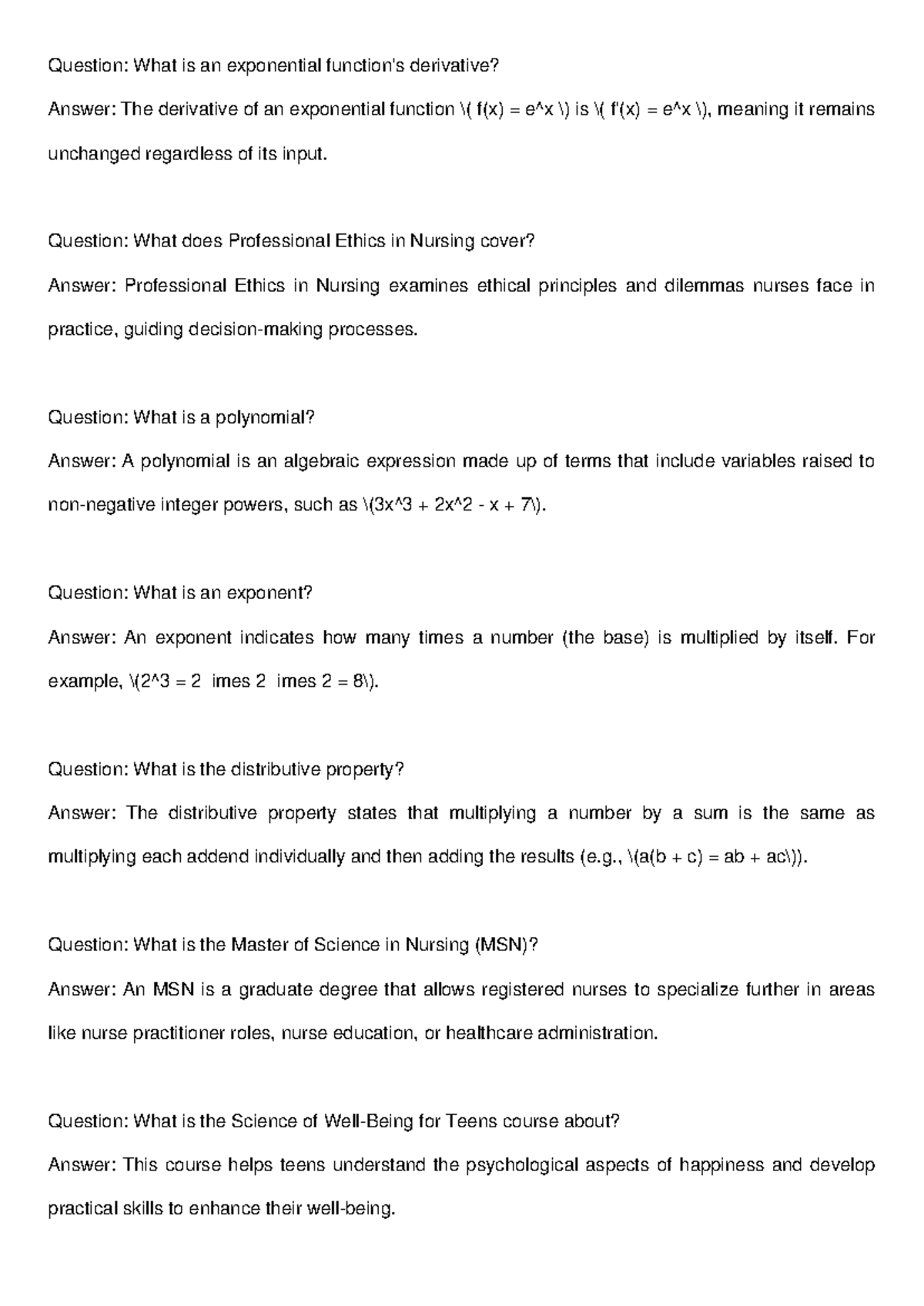 Math Concepts and Professional Ethics in Nursing (Course Code: MSN ...