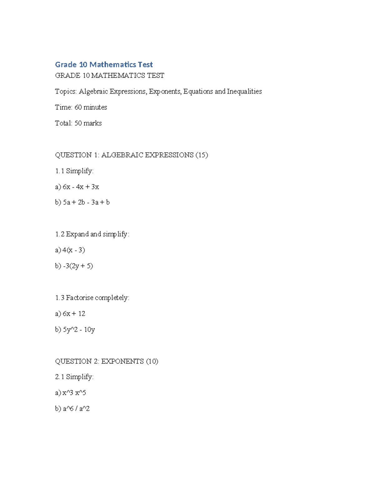Grade 10 Maths Test: Algebra, Exponents & Equations - Studocu