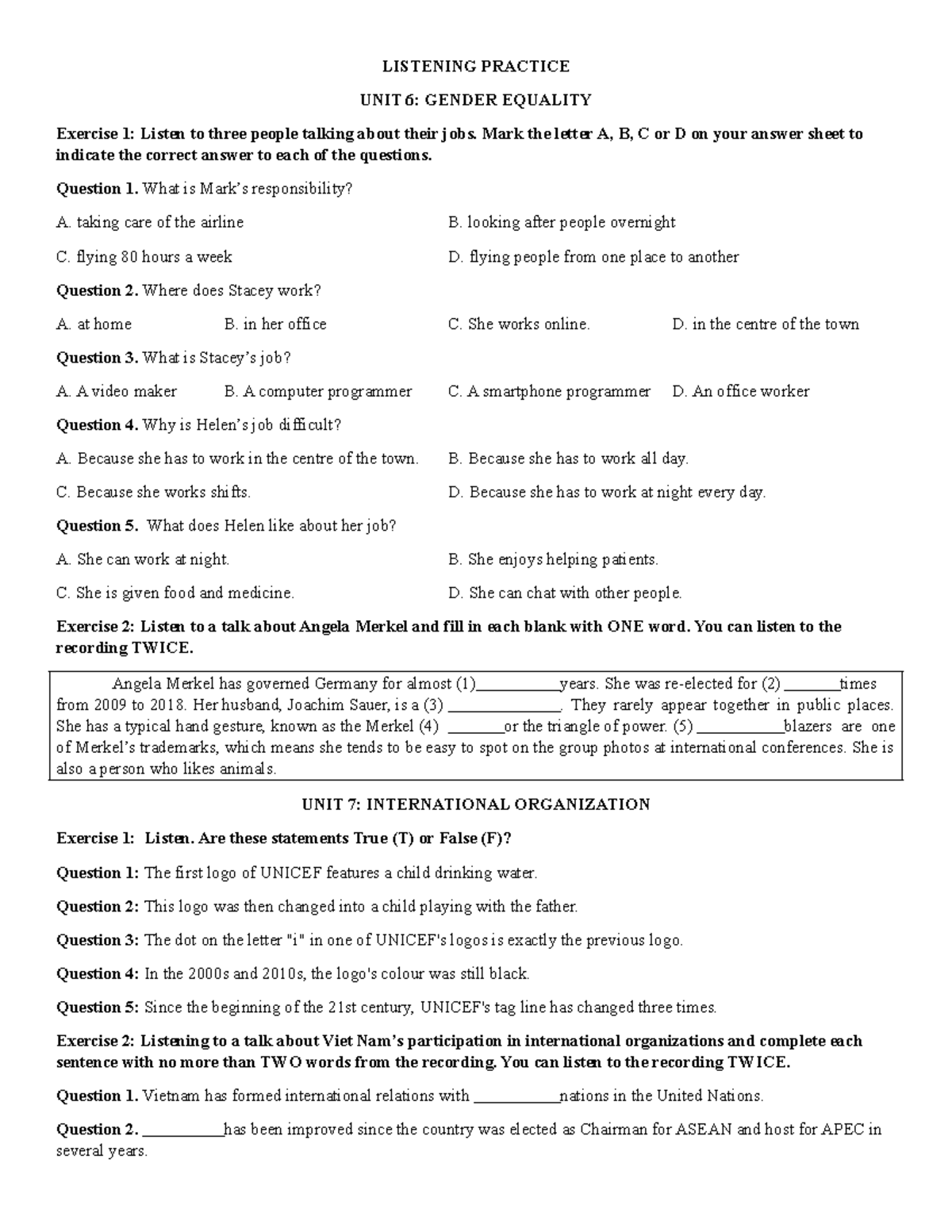 Listening Practice - HS: Gender Equality & International Organizations ...