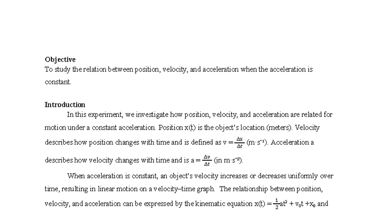 Physics 110 LAB Report 3: Analyzing Motion with Constant Acceleration - Studocu
