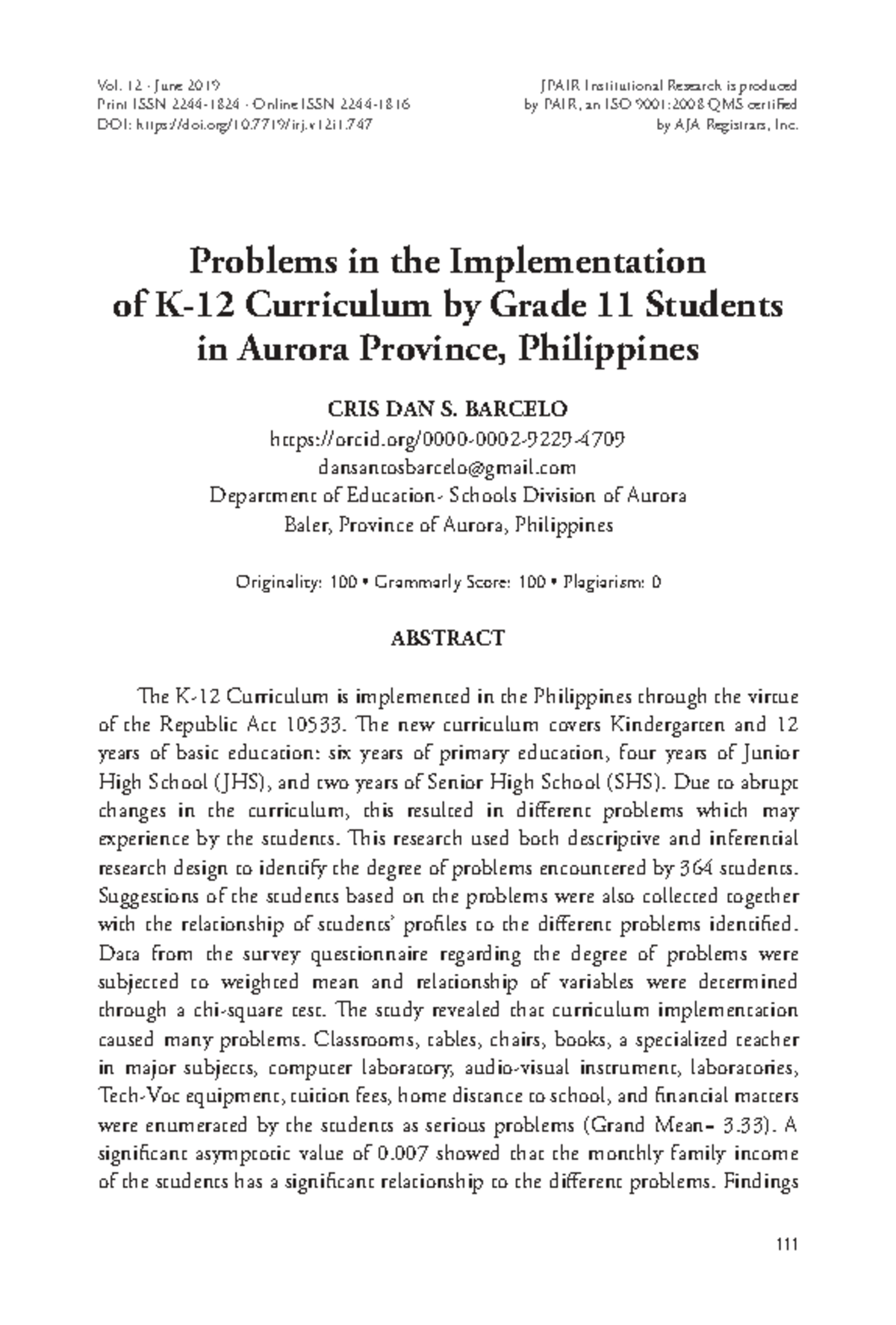 Problems in Curriculum Implementation for Grade 11 Students in Aurora ...