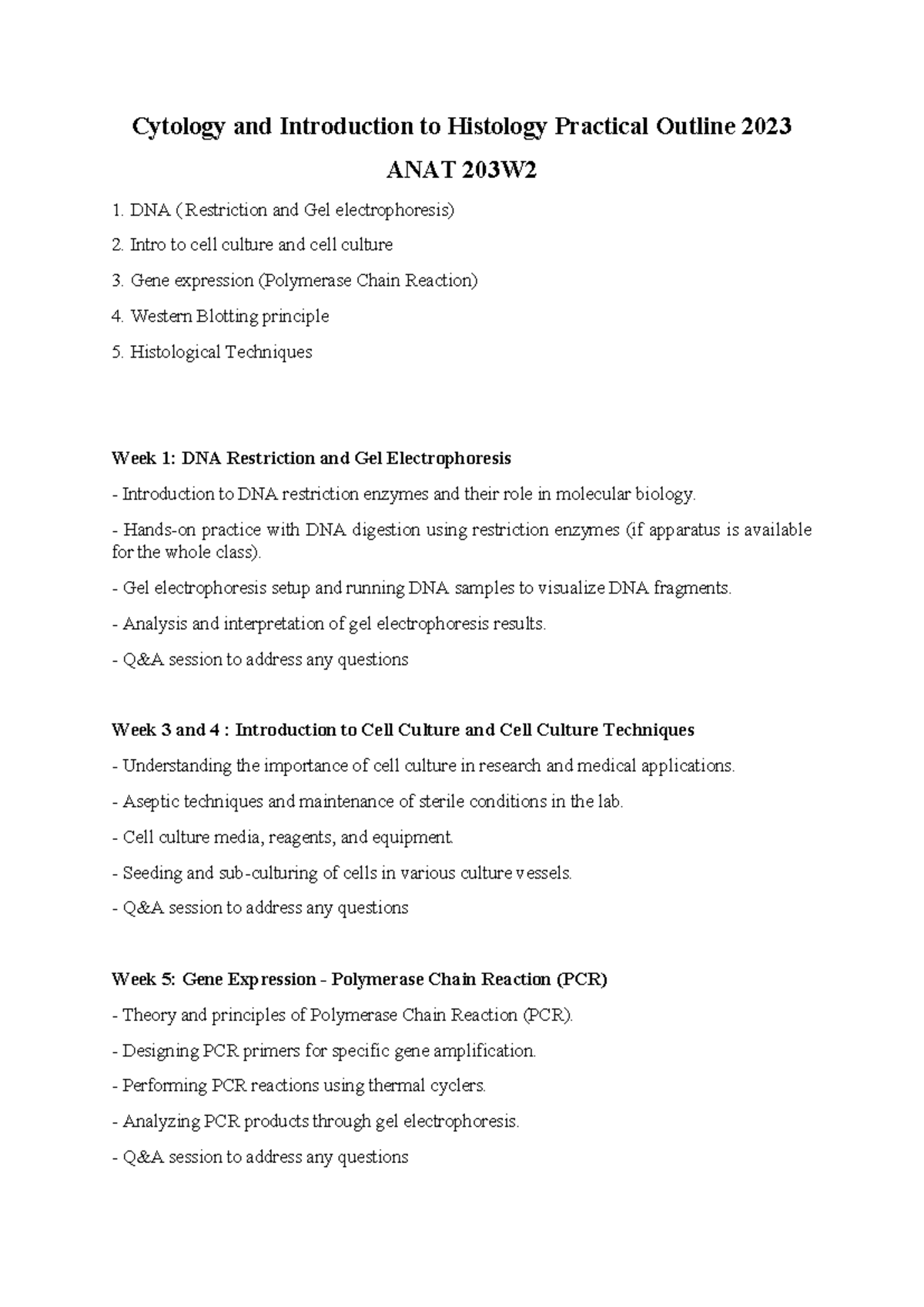 Cytology and Histology Practical Outline ANAT 203W 2023 Edition - Studocu