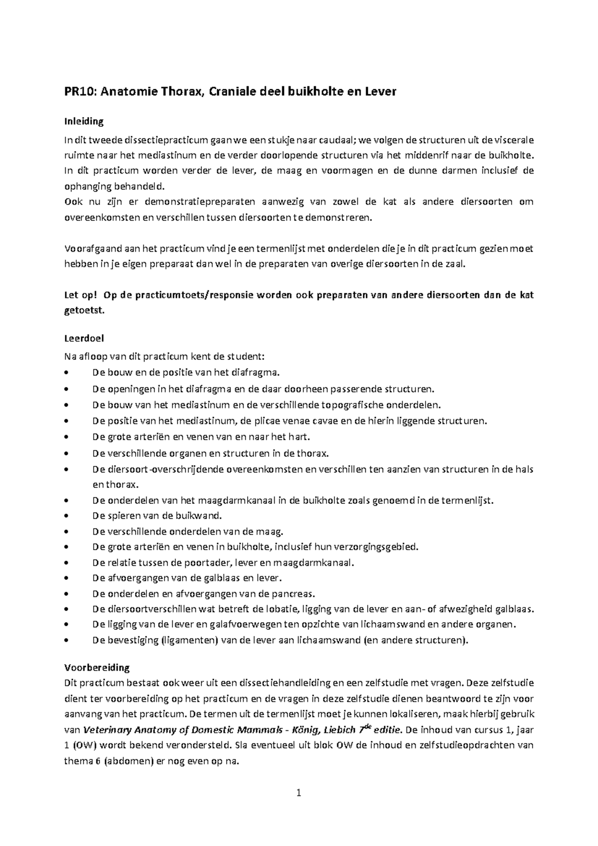 DI1 PR10 Dissectie Thorax en Buikholte Anatomie Notities - Studeersnel