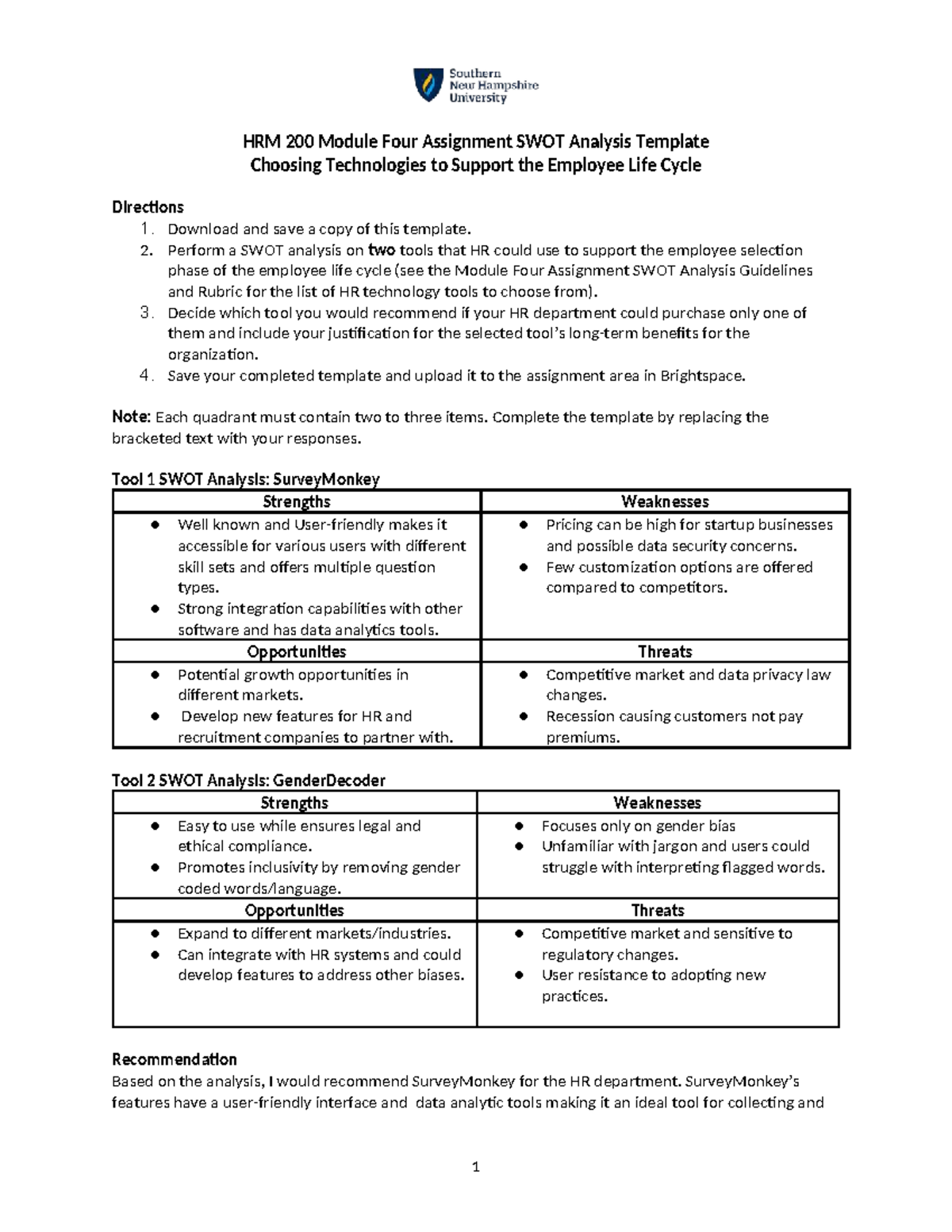 HRM 200 Module 4 SWOT Analysis: Tech Tools for Employee Selection - Studocu