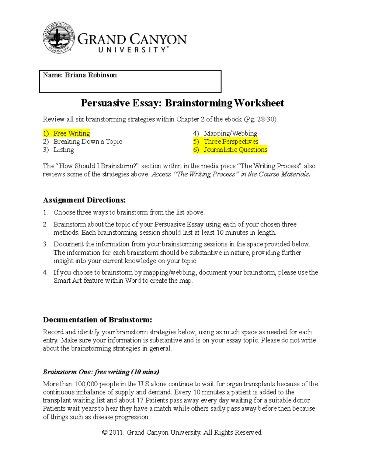 PHI105 T2 Brainstorming Worksheet 2023 - Name: Briana Robinson ...
