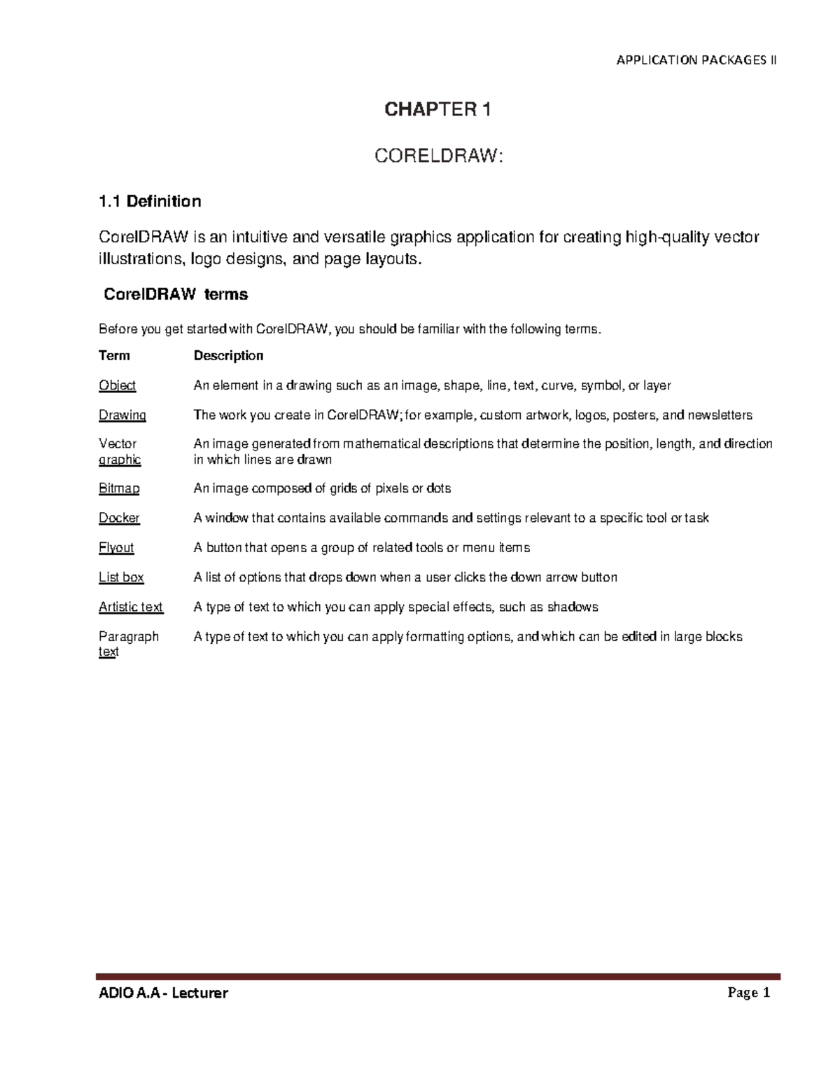 APPLICATION PACKAGES II: CorelDRAW Chapter 1 Overview and Tools - Studocu