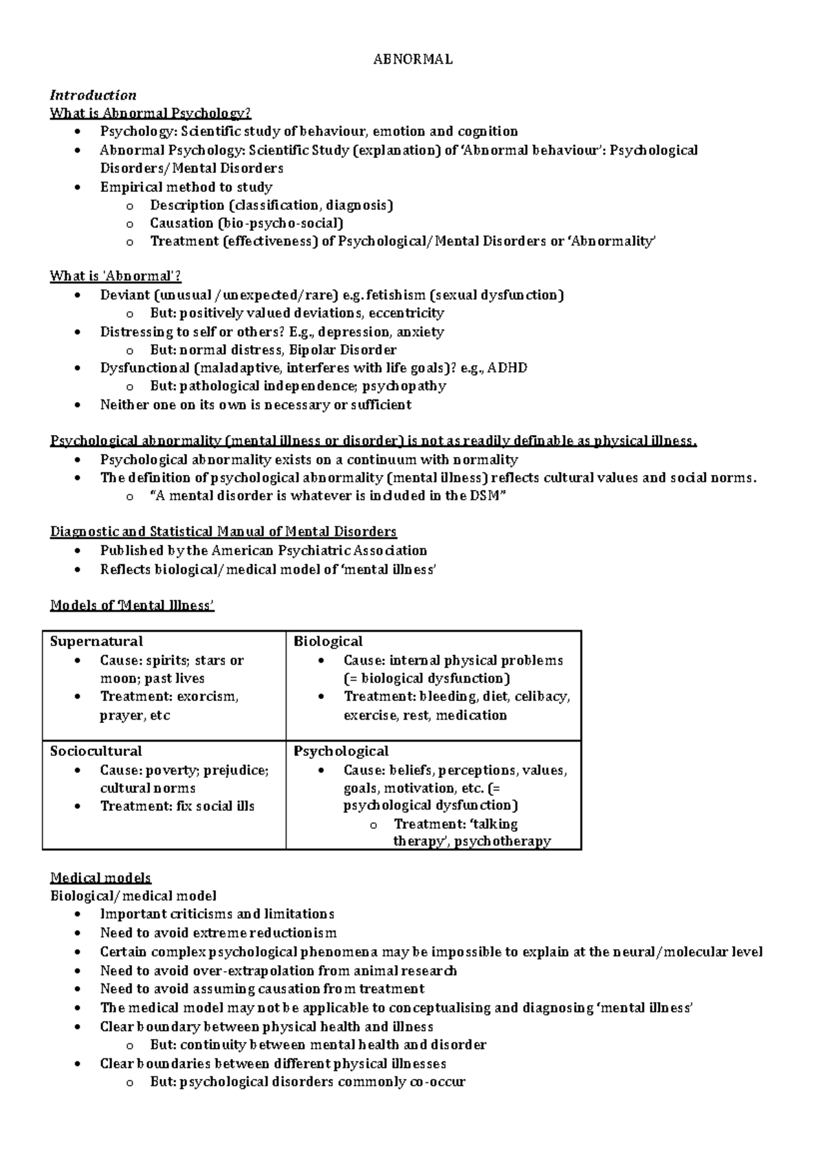 Abnormal Psychology Revision Notes, PSY 1002 - Full Course Overview ...