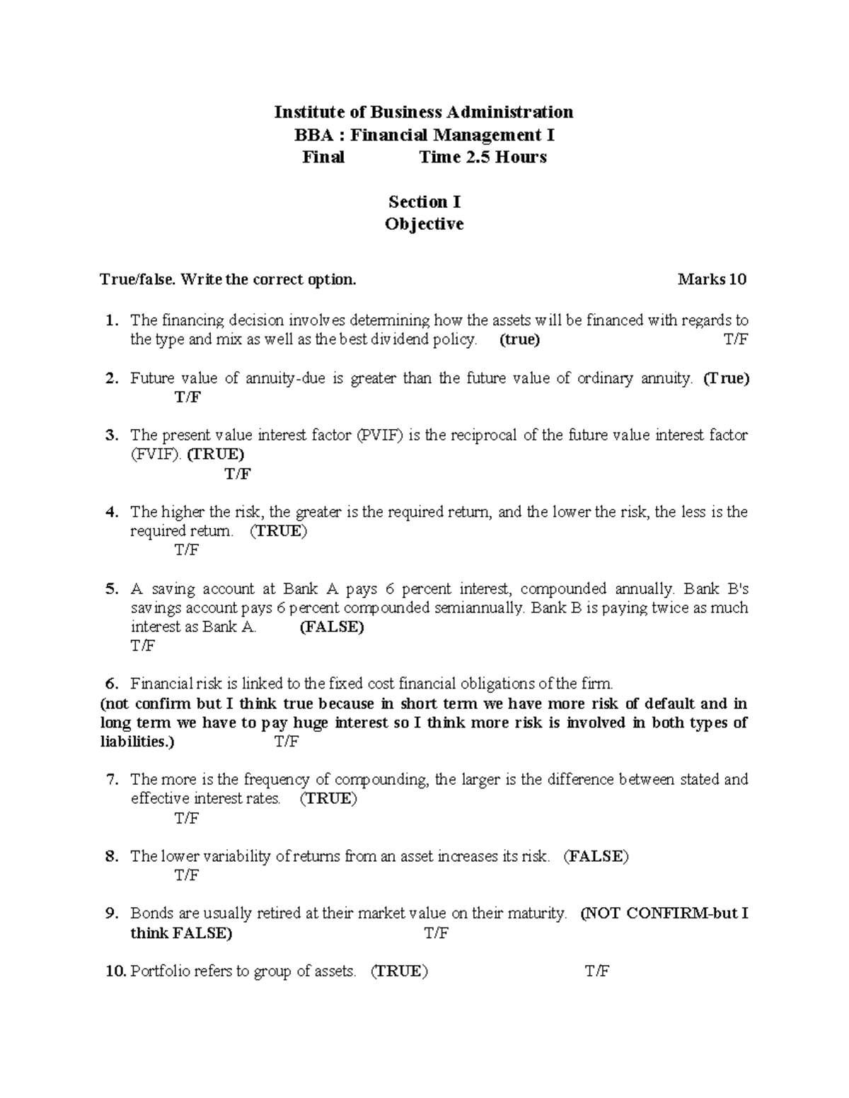 FM BBA Final Exam 2020: Objective & Multiple Choice Questions - Studocu