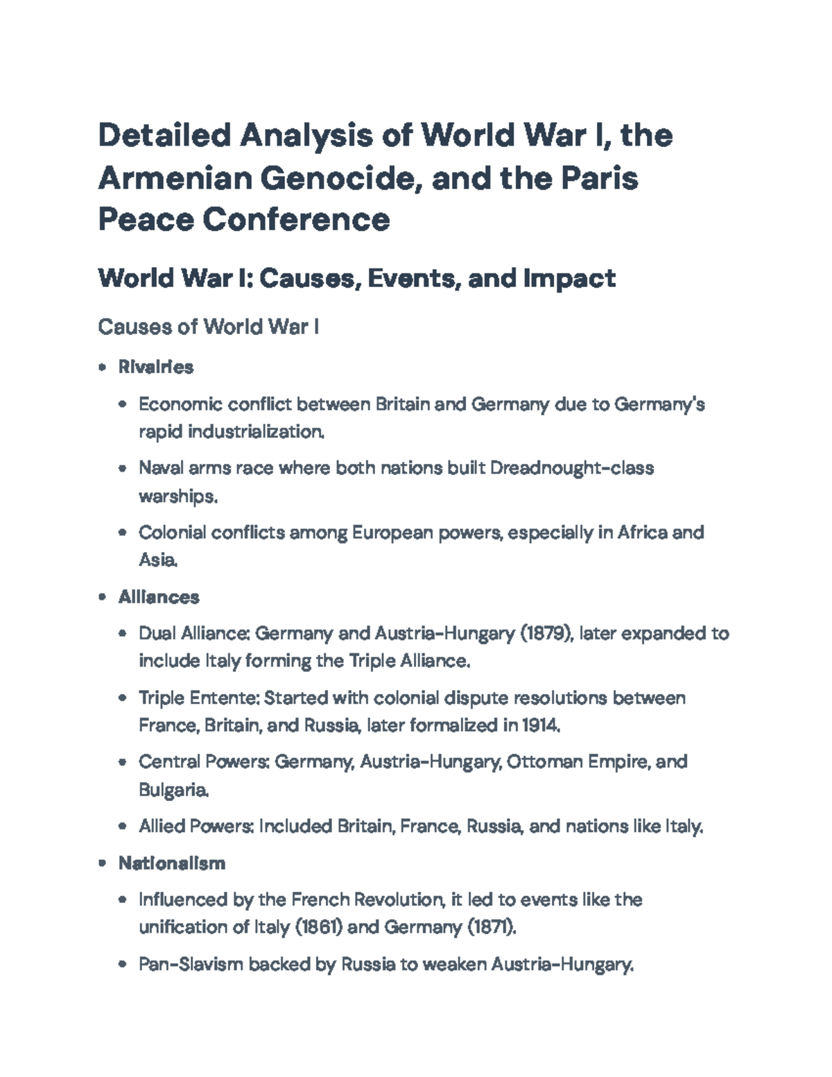 Detailed Analysis of WWI, Armenian Genocide & Paris Peace Conf. - Studocu