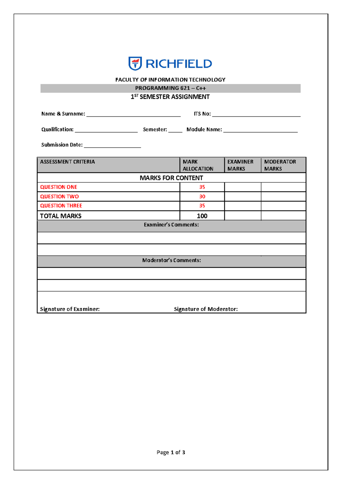 Programming 621 - Page 1 of 3 FACULTY OF INFORMATION TECHNOLOGY PROGRAMMING 621 – C++ 1 ST ...