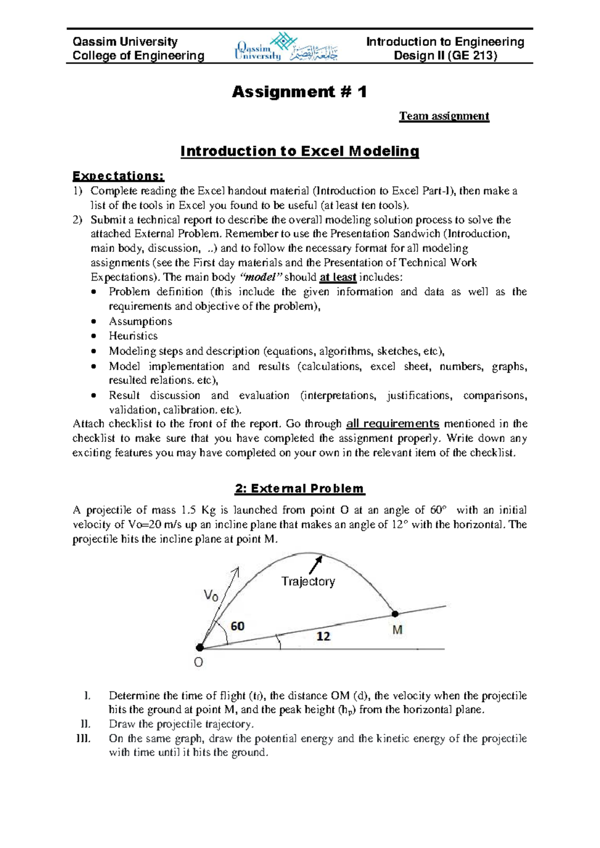 Assignment 1: Excel Modeling for Engineering Design II (GE 213) - Studocu
