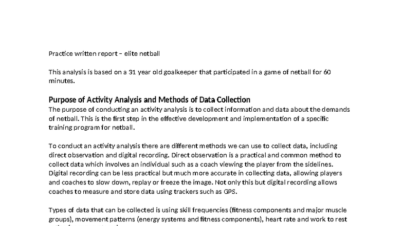 Elite Netball Activity Analysis Report: Goalkeeper Performance Insights ...
