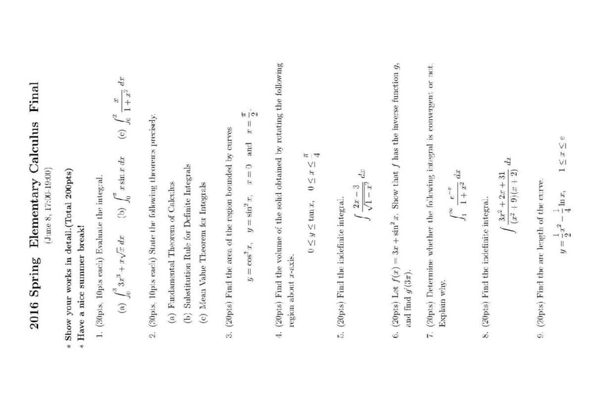 Elementary Calculus 2016 Spring Final Exam Review Notes - Studocu