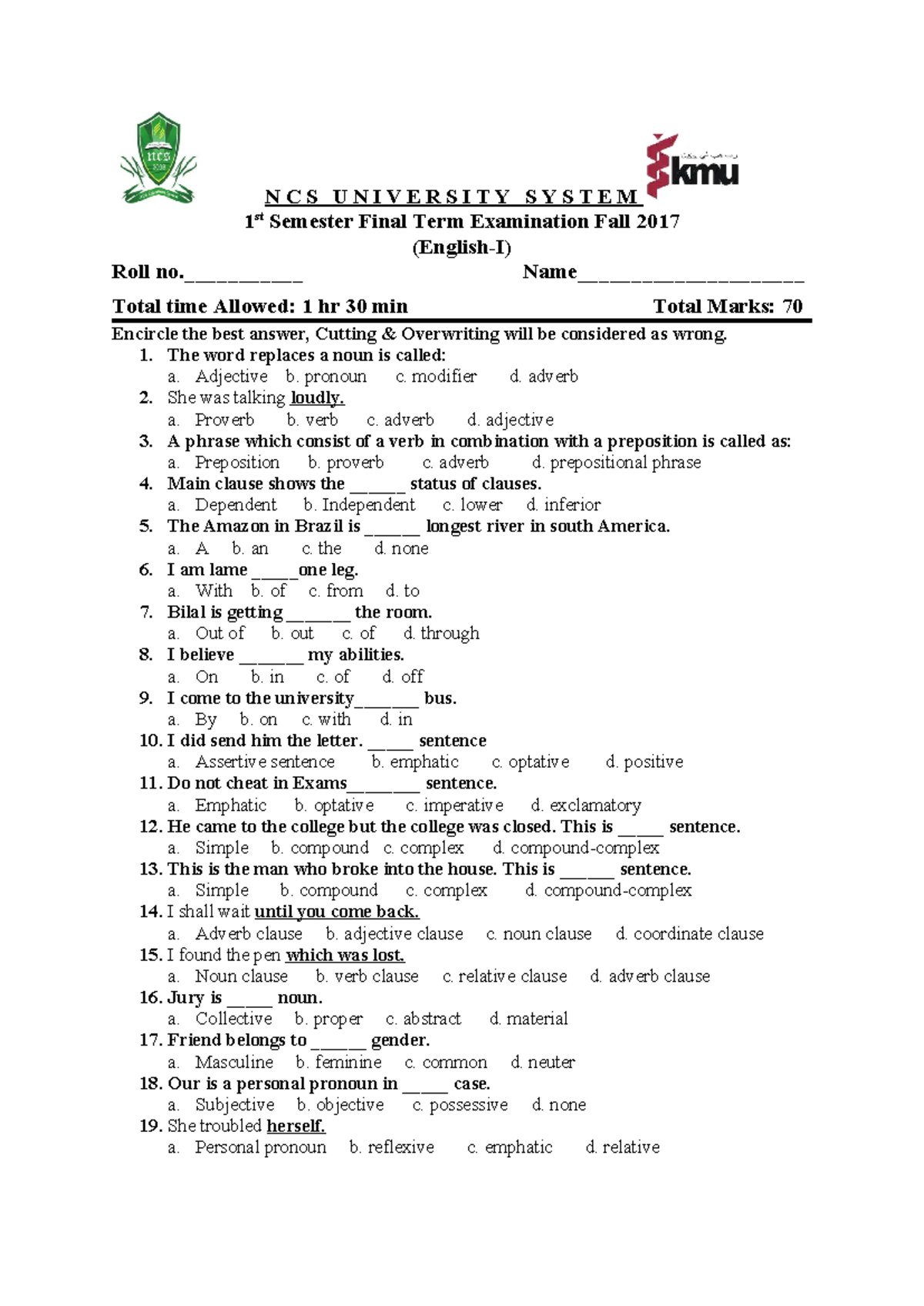 NCS UNIVERSITY SYSTEM 1 English 1 Semester Final Exam Fall 2017 - Studocu