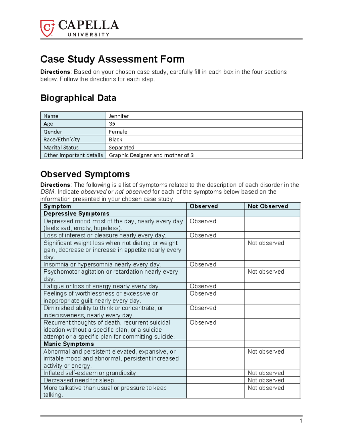 CF Case Study: Major Depressive Disorder Assessment Form - Studocu