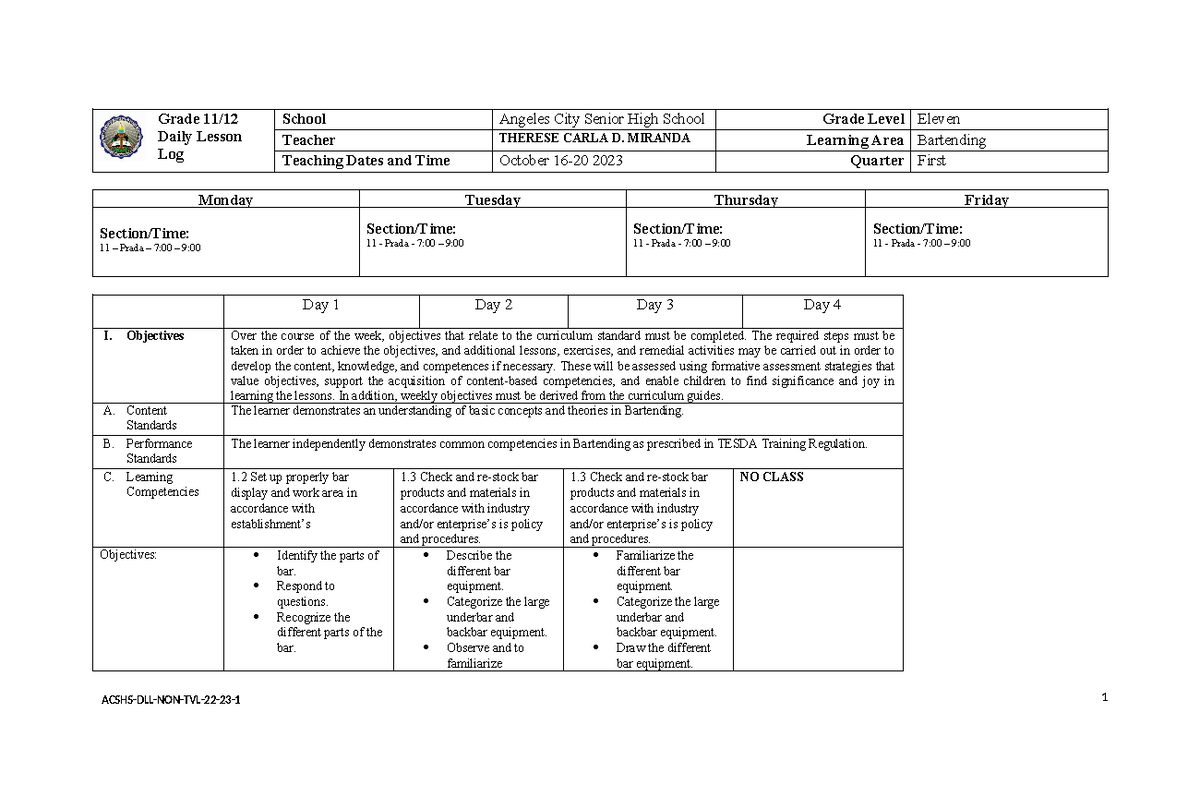 DLL- Bartending Lesson Plan - Oct 16-20, 2023 - Grade 11 - Studocu