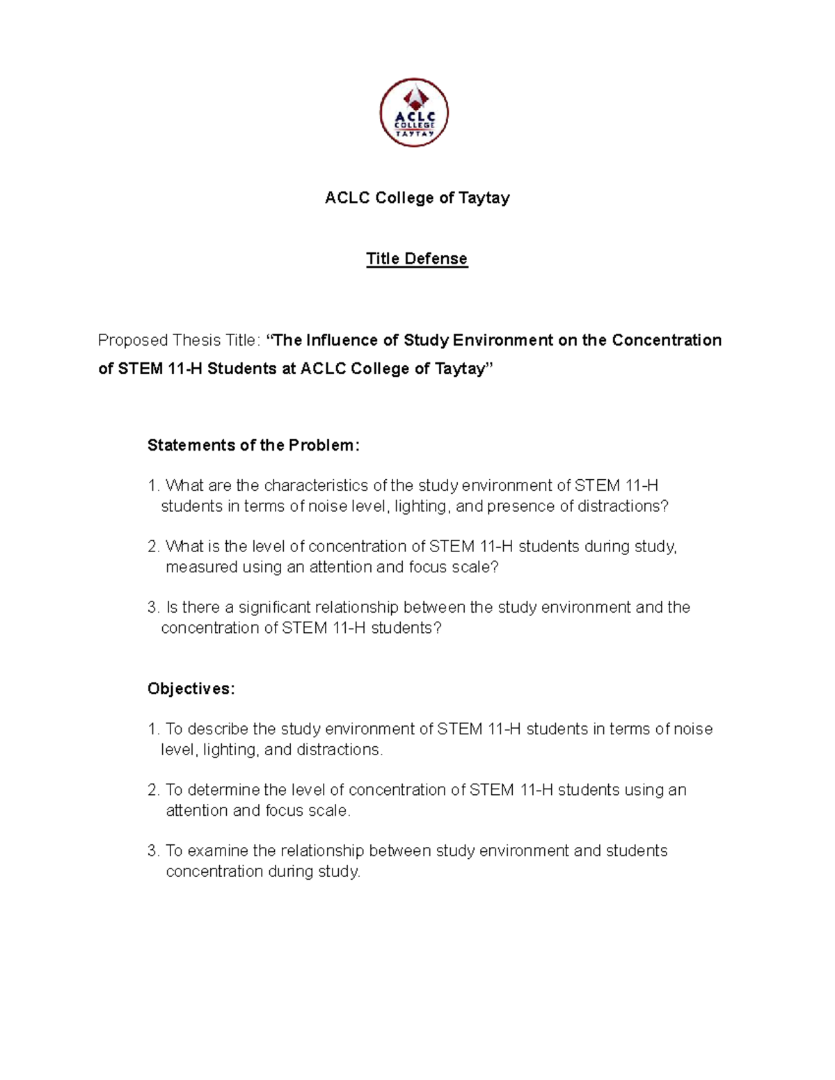 ACLC College of Taytay: Thesis on Study Environment & STEM ...