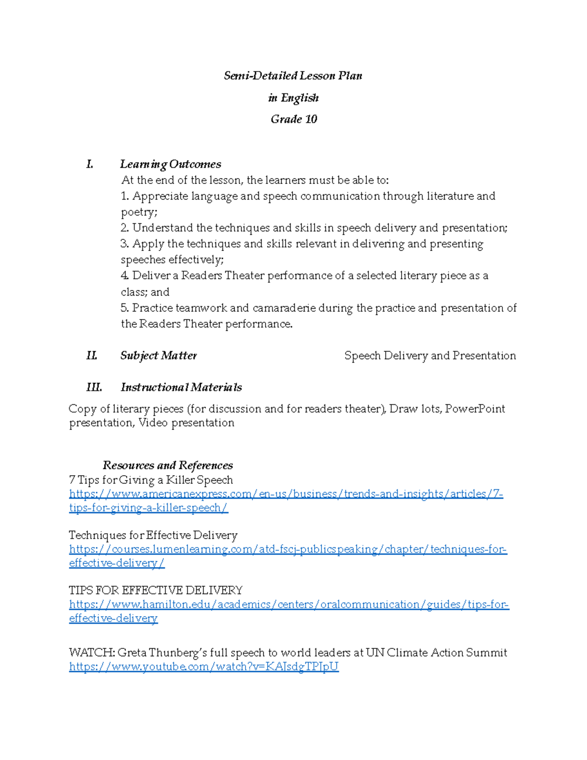 Eng 10 Lesson Plan: Techniques in Speech Delivery and Presentation ...