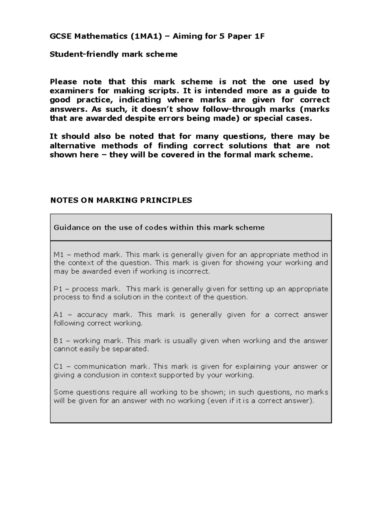 Aiming For 5 (Set 1) Practice Paper 1F MS - GCSE Mathematics (1MA1 ...