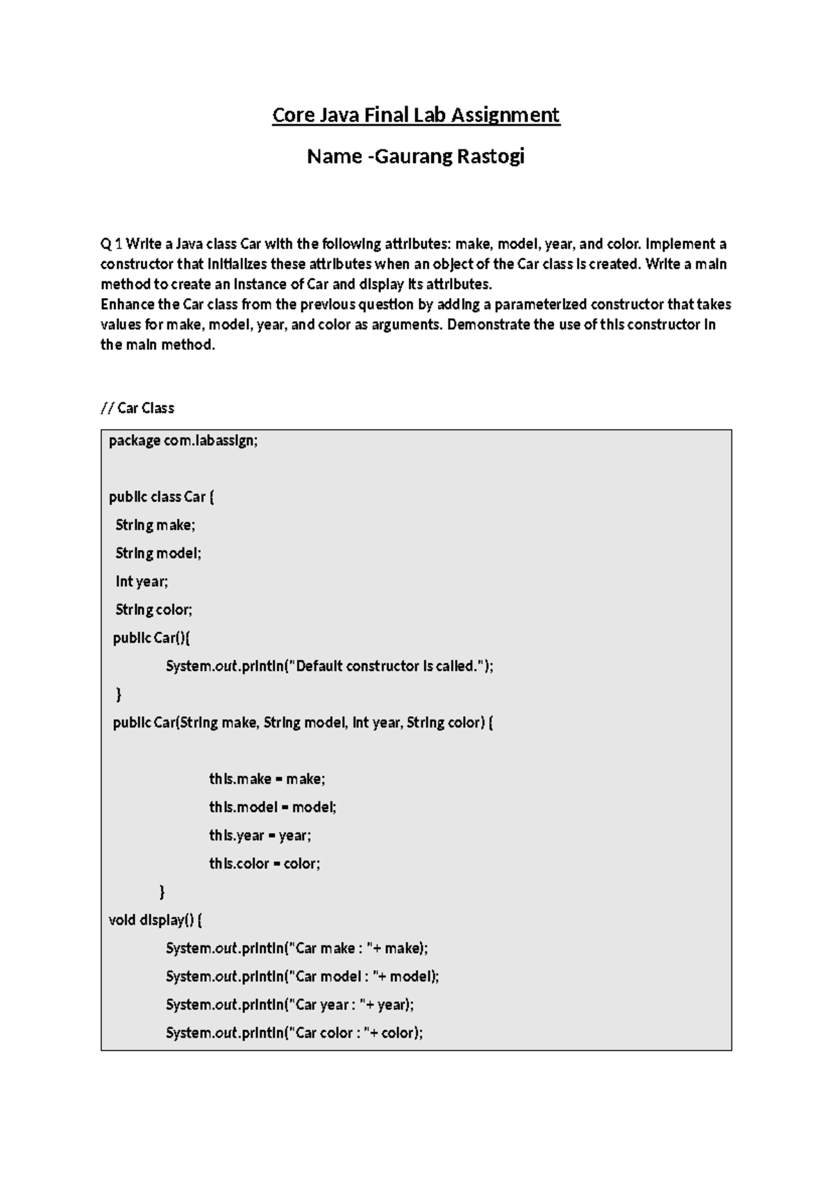 Core Java Final Lab Assignment - Implement a constructor that ...