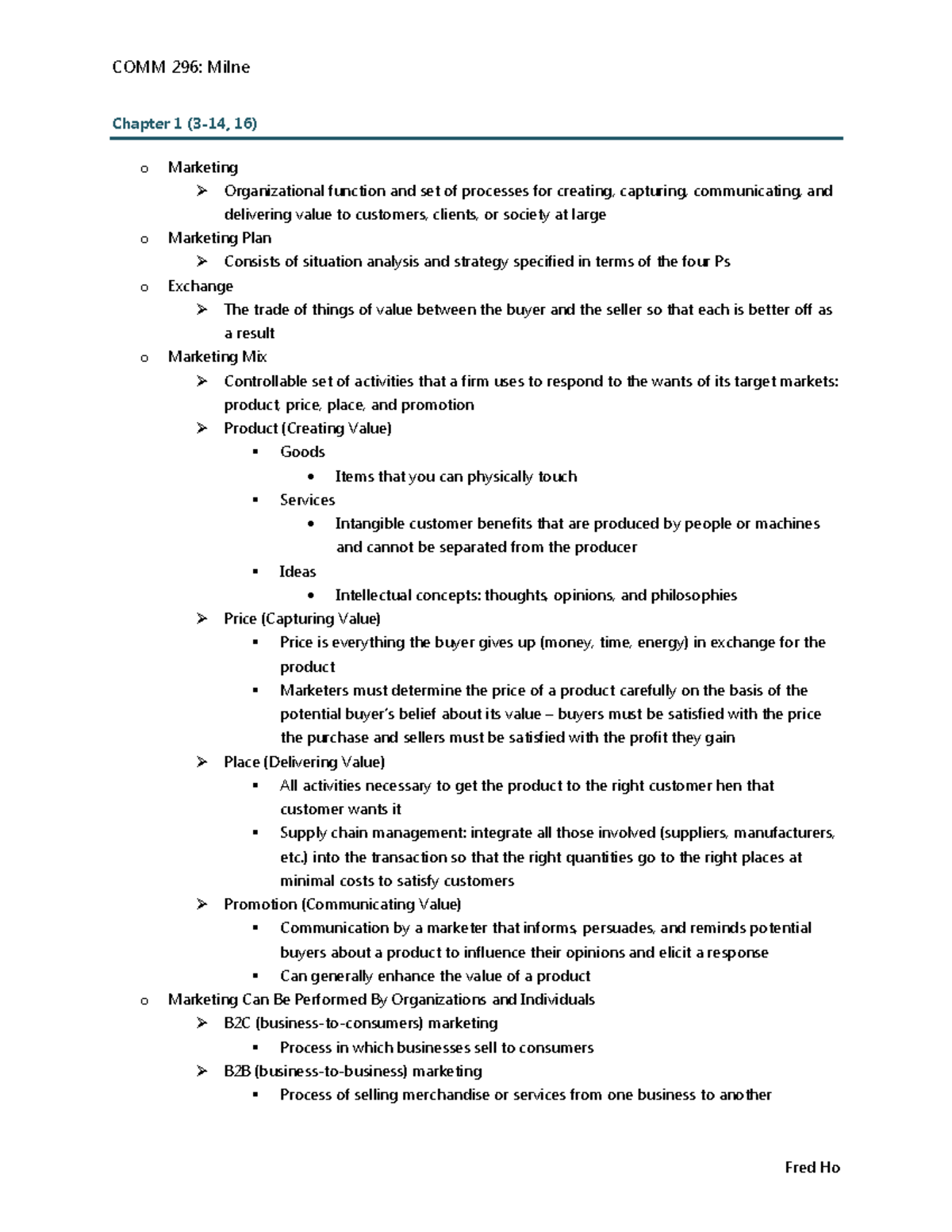 COMM296 Notes - Chapter 1 (3-14, 16) o Marketing Organizational ...