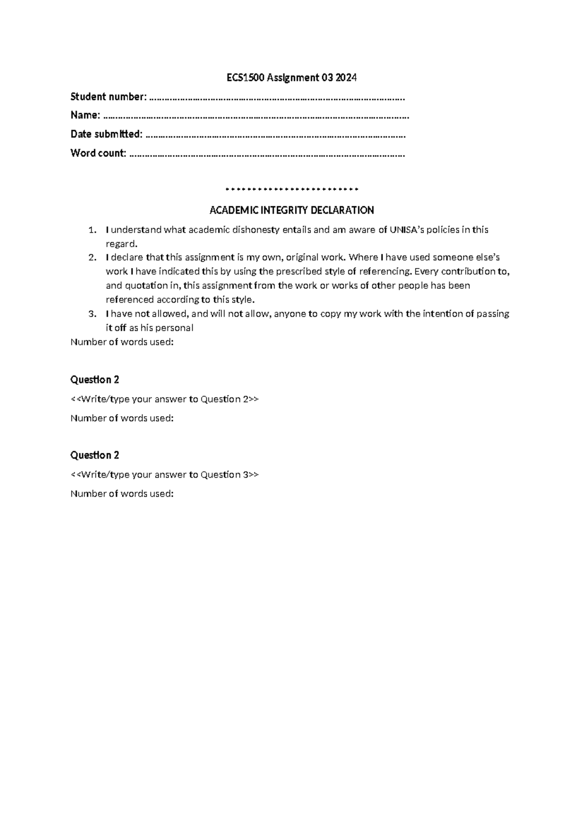 ECS1500 Assignment 03 Submission Format and Integrity Declaration 2024 ...