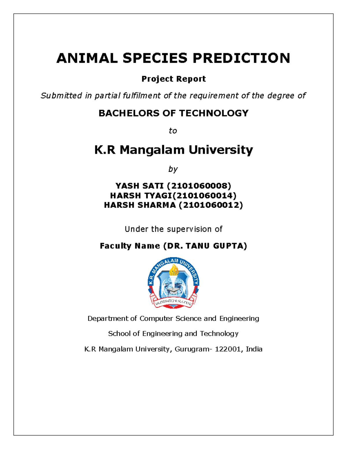 Animal Species Prediction Project Report - B.Tech CSE - Studocu