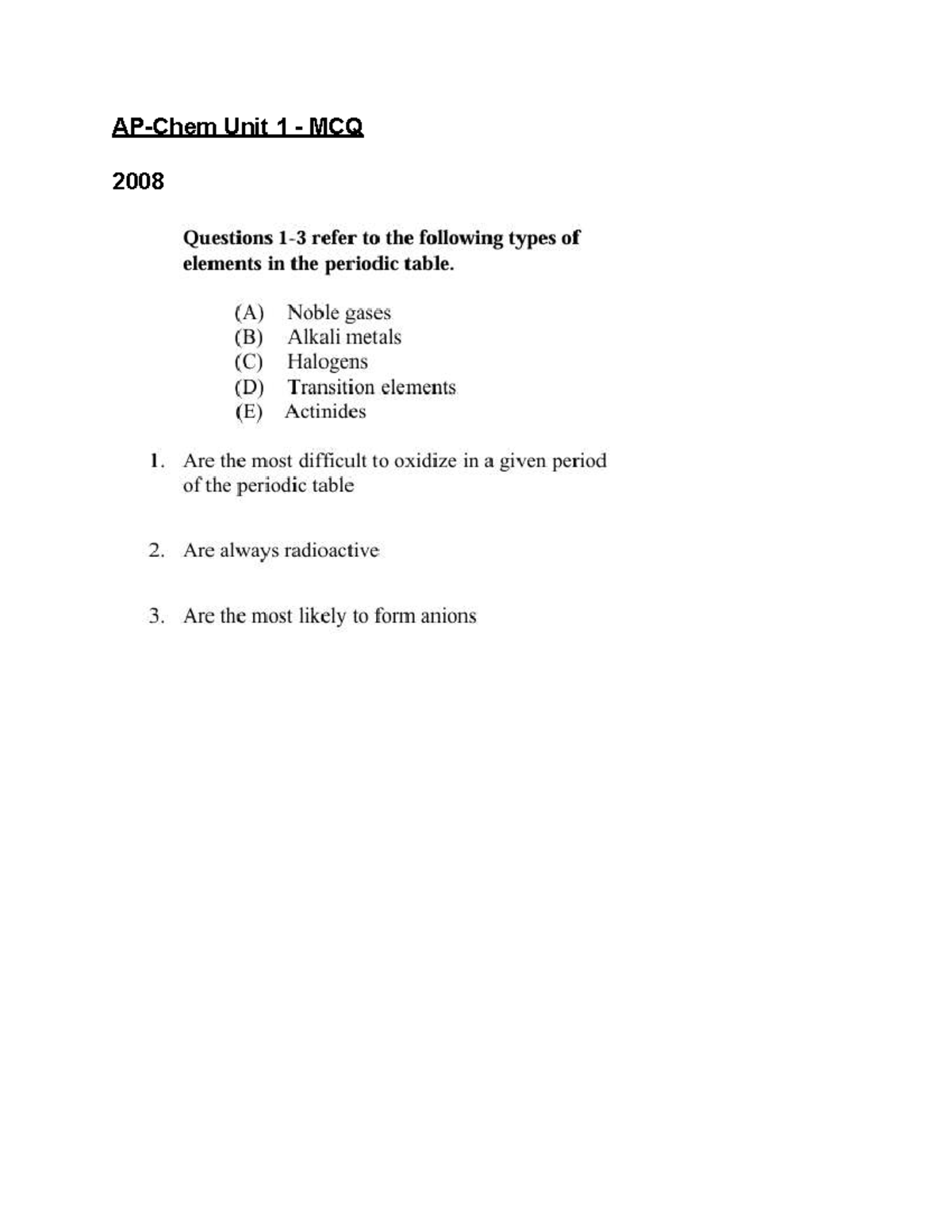 AP-Chem Unit 1 MCQ Practice Questions and Answers - Studocu