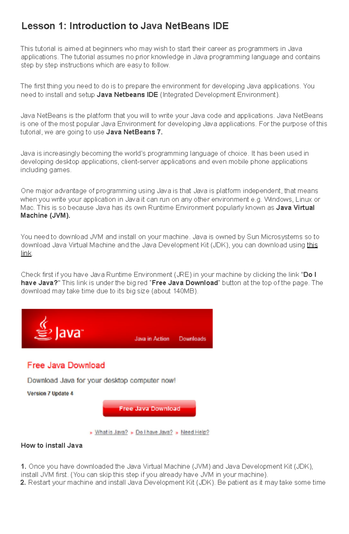 Lesson 1 Introduction to Java Netbeans IDE - The tutorial assumes no ...