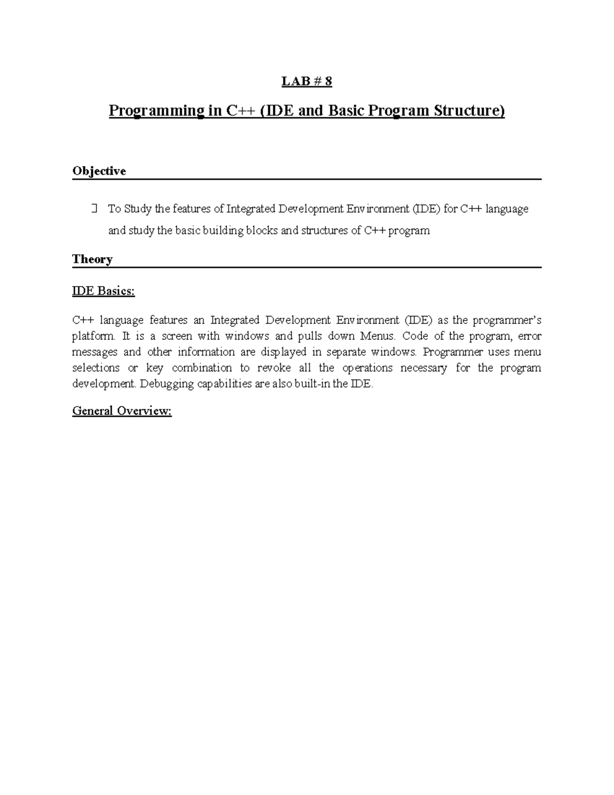 C++ Programming Basics: IDE Features & Syntax (LAB #8) - Studocu