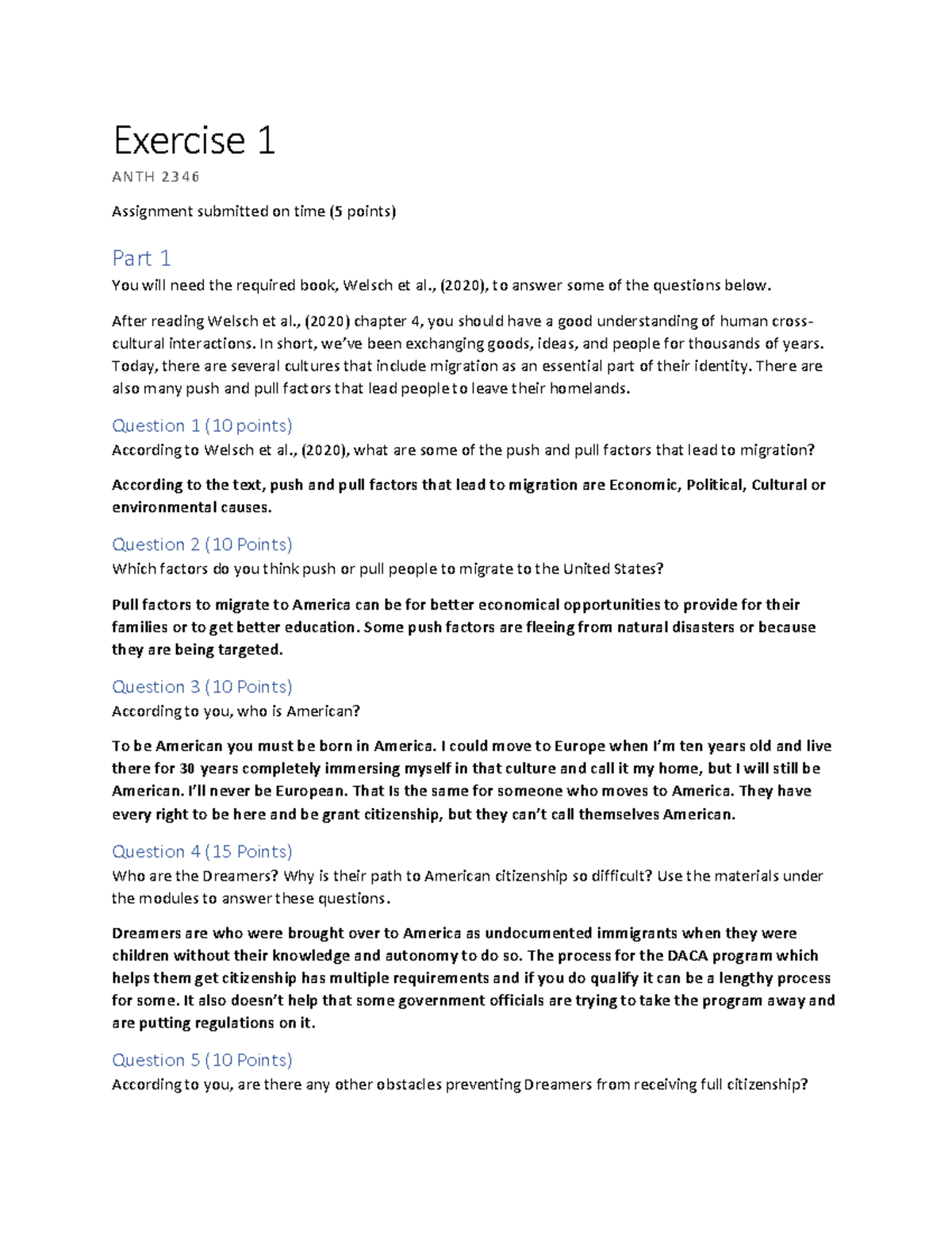 ANTH 2346 Exercise 1 - Exercise 1 ANTH 2346 Assignment submitted on time (5 points) Part 1 You ...