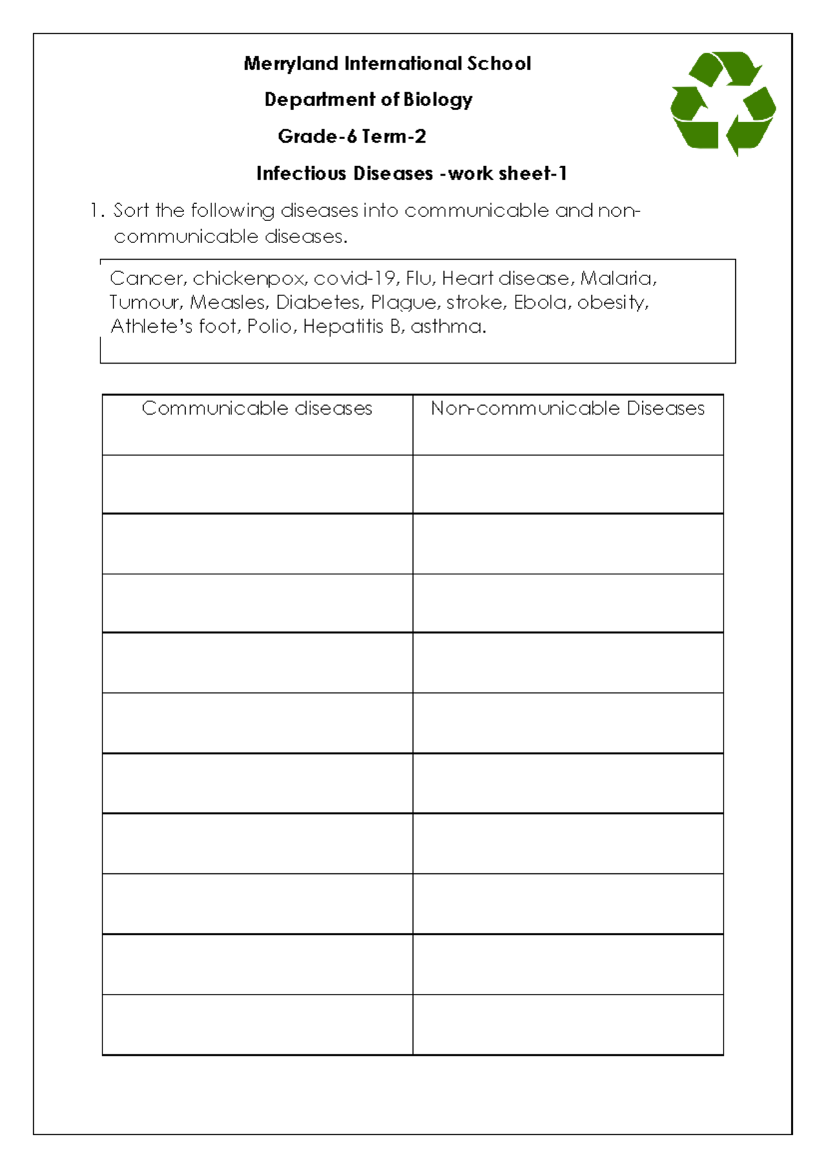 Infectious Diseases Worksheet - Biology 101 - Studocu