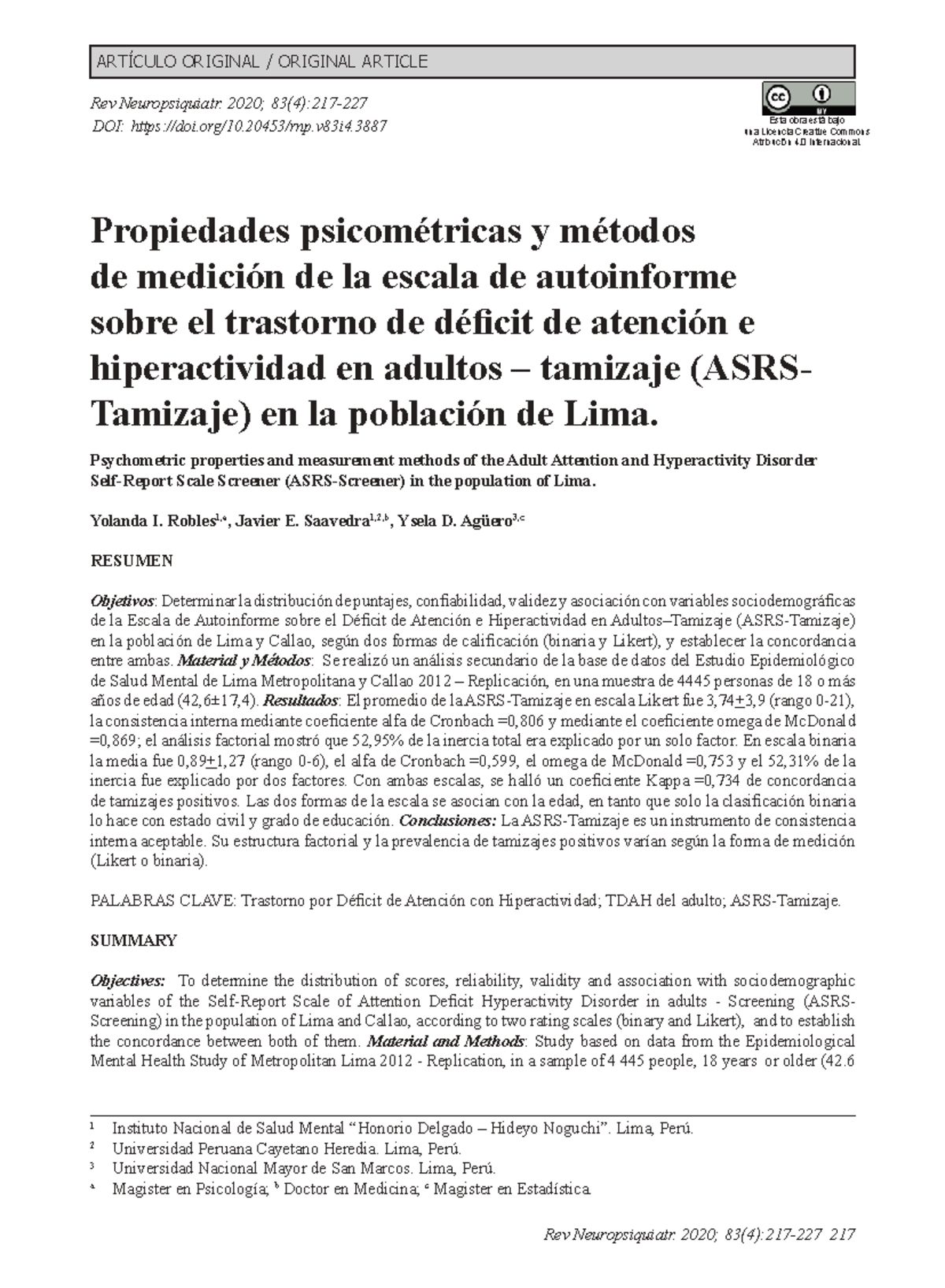 Propiedades psicométricas del ASRS en adultos con TDAH en Lima - Studocu
