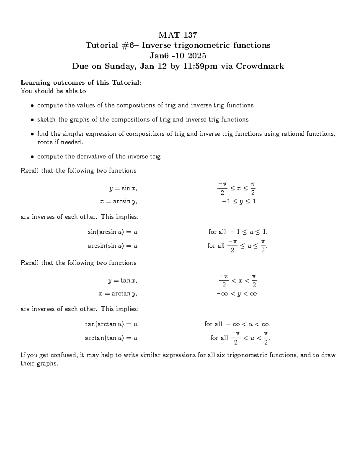 MAT 137 Tutorial 6: Inverse Trigonometric Functions Guide - Studocu