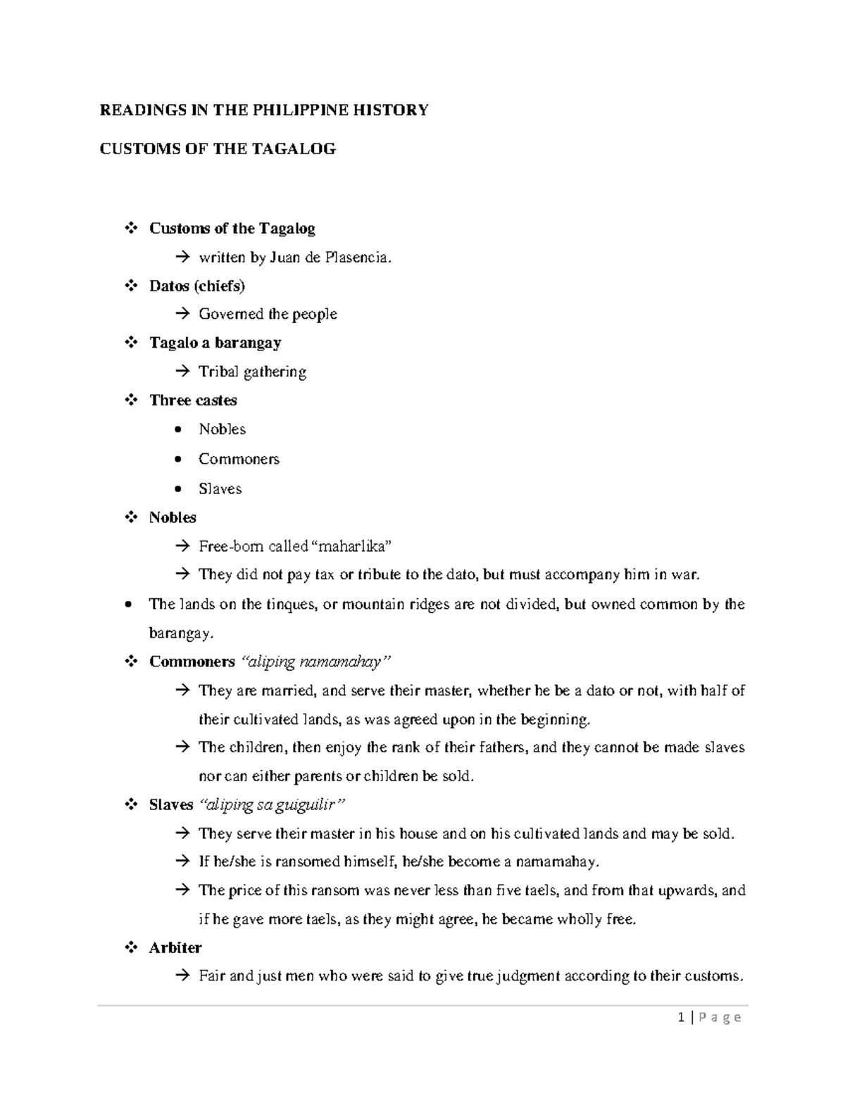 Customs of the Tagalog by Juan de Plasencia - READINGS IN THE ...
