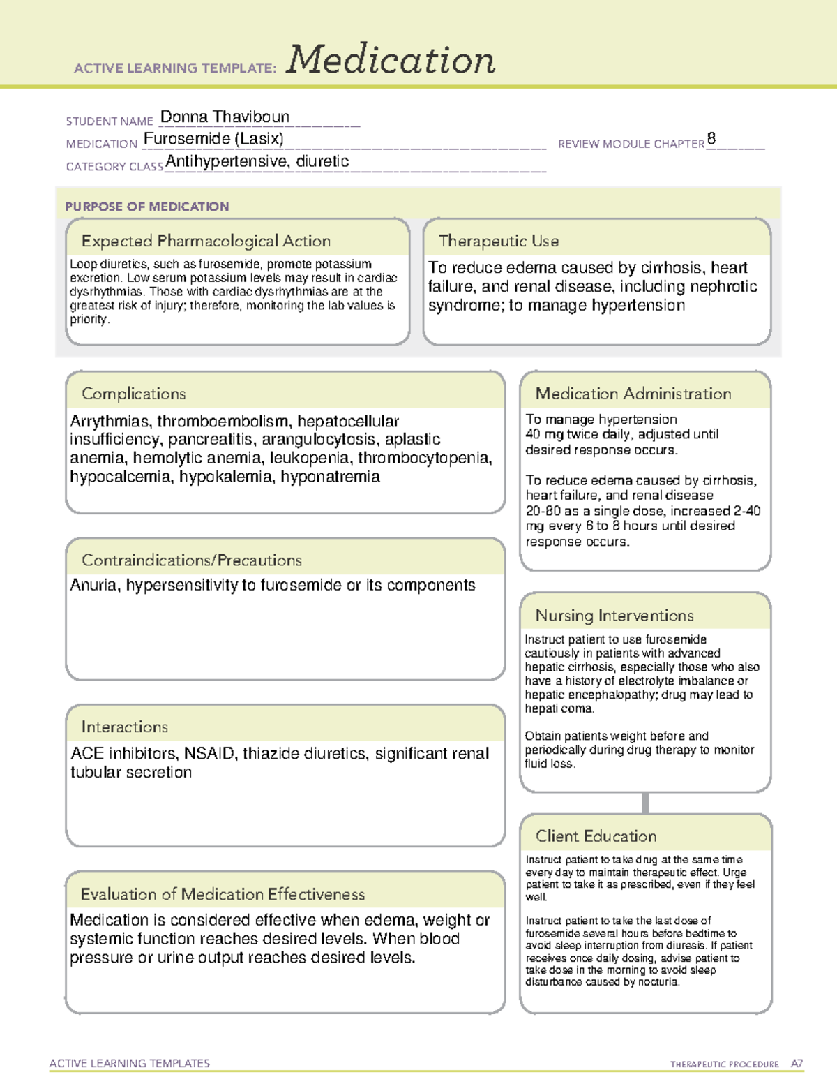 Medication Template - Furosemide (Lasix) Active Learning Guide - Studocu