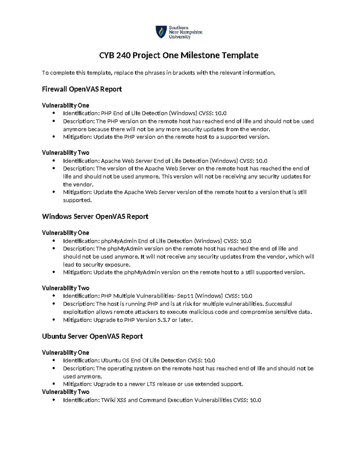 CYB 240 Project One: OpenVAS Vulnerability Assessment Report - Studocu