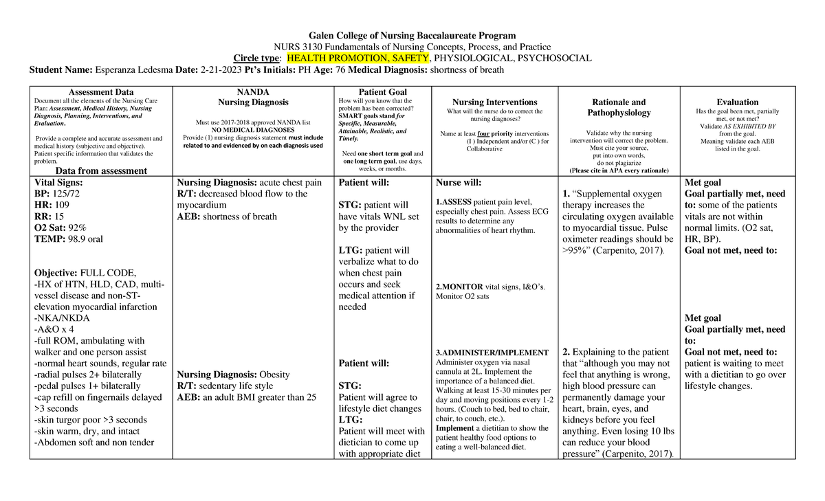 NURS 3130 Care Plan 3: Nursing Diagnosis and Interventions Summary ...