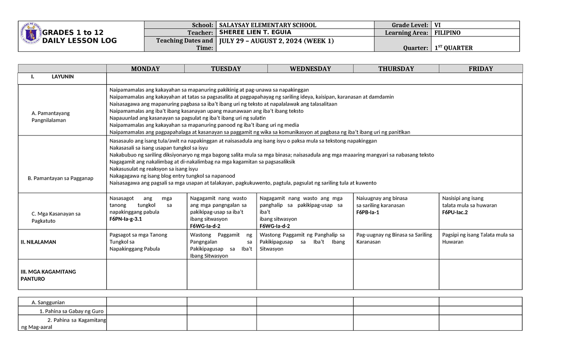 DLL Filipino-6 Q1 W1 - Daily Lesson Log Quarter 1 Week 1 - GRADES 1 to 12 DAILY LESSON LOG ...