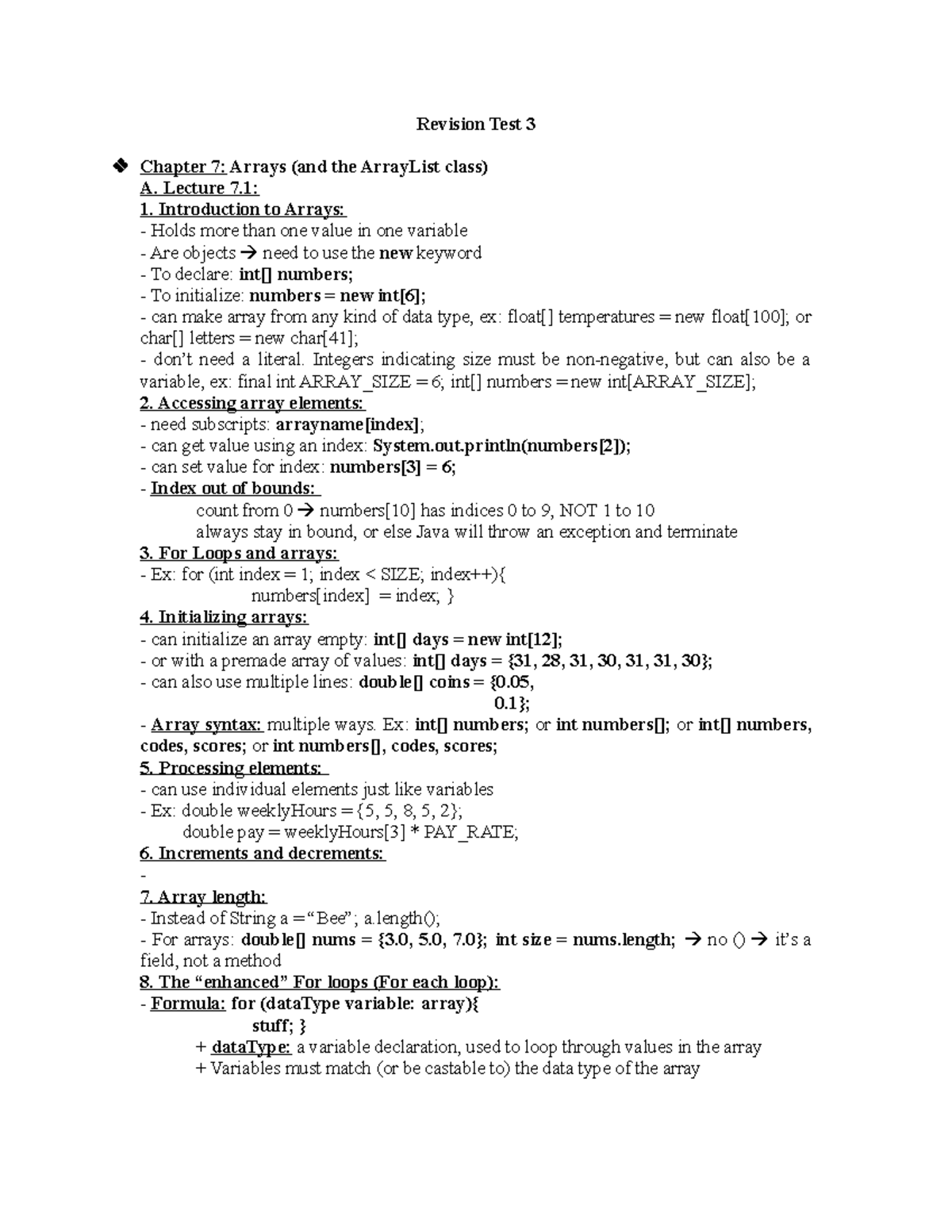 Revision Test 3 CS - Test 3 Review - Revision Test 3 Chapter 7: Arrays ...