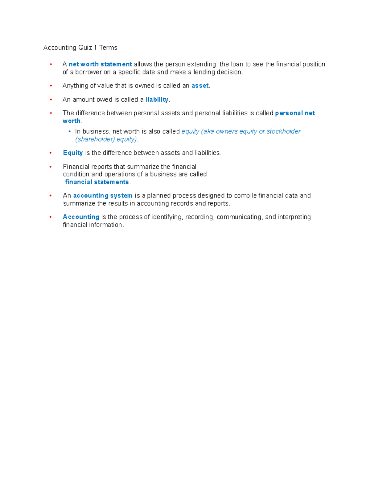Accounting Quiz 1: Key Terms and Concepts Overview - Studocu