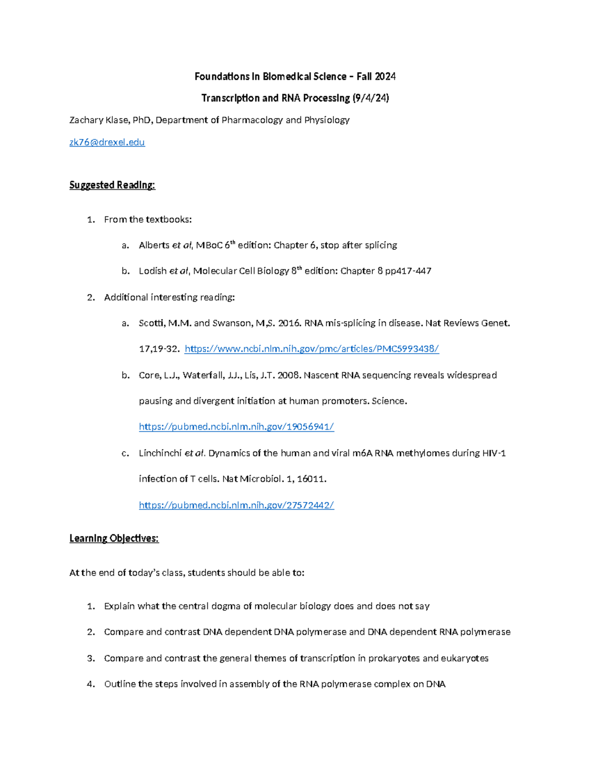 RNA Transcription and Processing Outline (BIOM 2025) - Studocu
