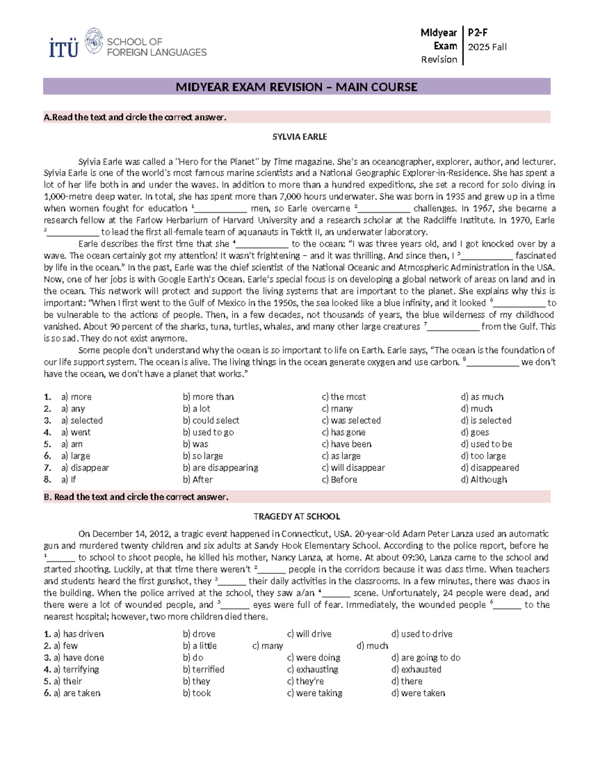 P2-F Midyear Exam Revision: Cloze Tests and Key Concepts - Studocu
