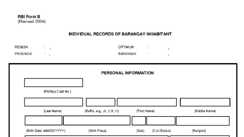 RBI Form B (Revised 2024): Individual Records of Barangay Inhabitants ...