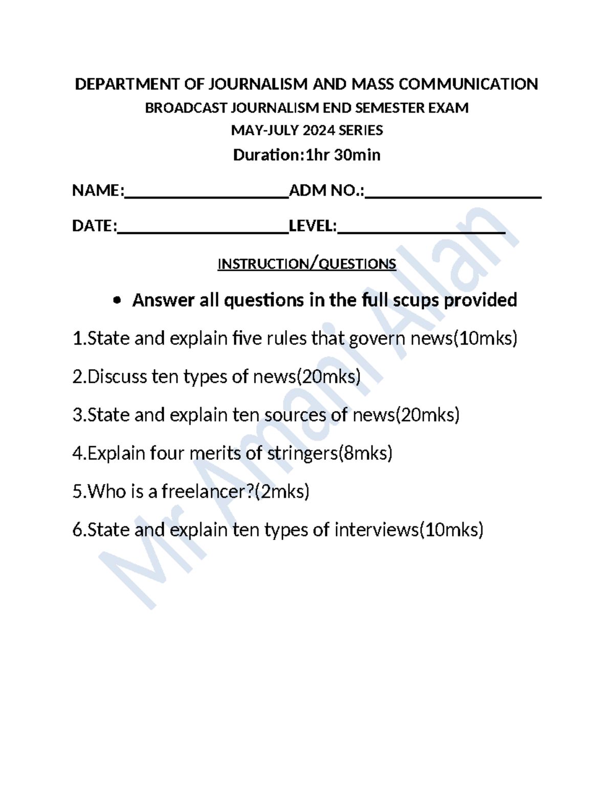 BJ - EXAM - DEPARTMENT OF JOURNALISM AND MASS COMMUNICATION BROADCAST ...