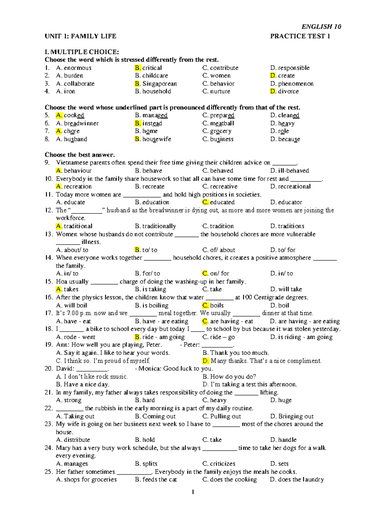 ENGLISH 10 1st TERM PRACTICE TESTS - Studocu
