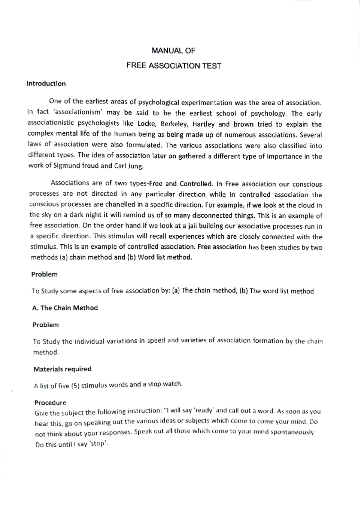 Free Association Test-1 - MANUAL OF FREE ASSoCIATION TEST Introduction ...