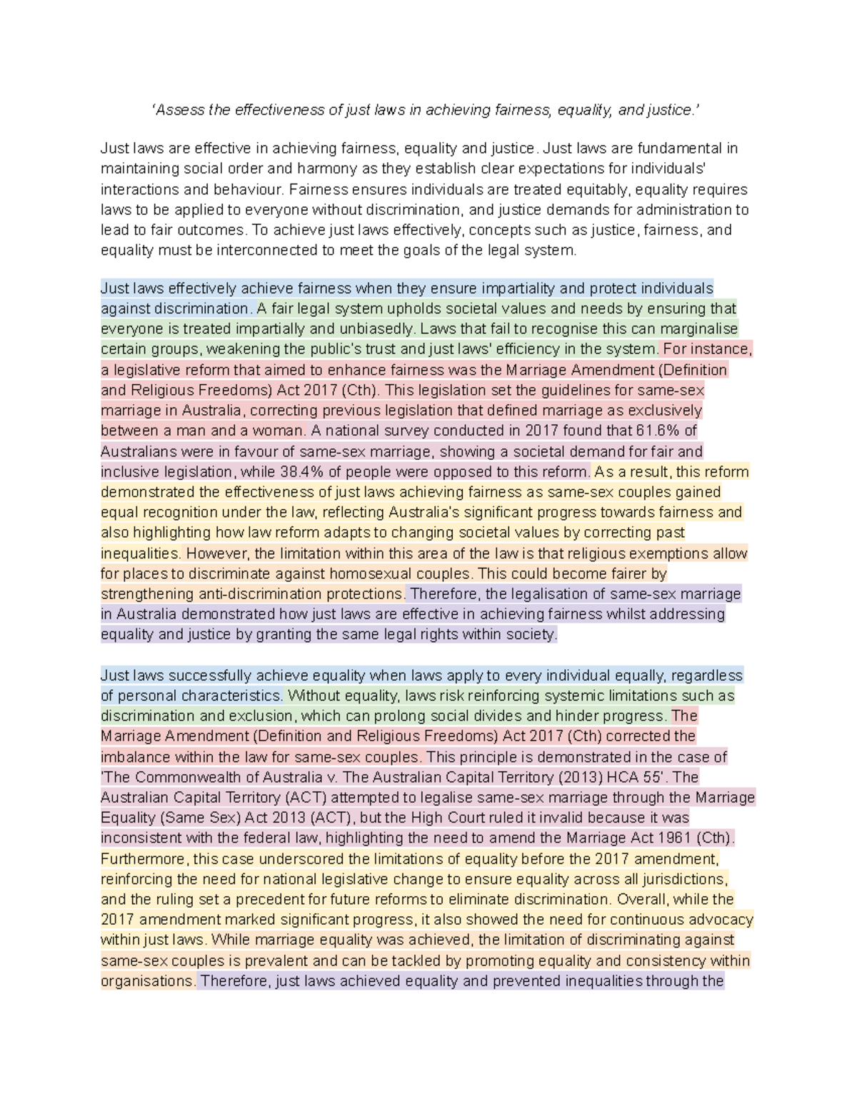 Legal Essay: Just Laws and Their Role in Fairness & Equality - Yr 11 ...