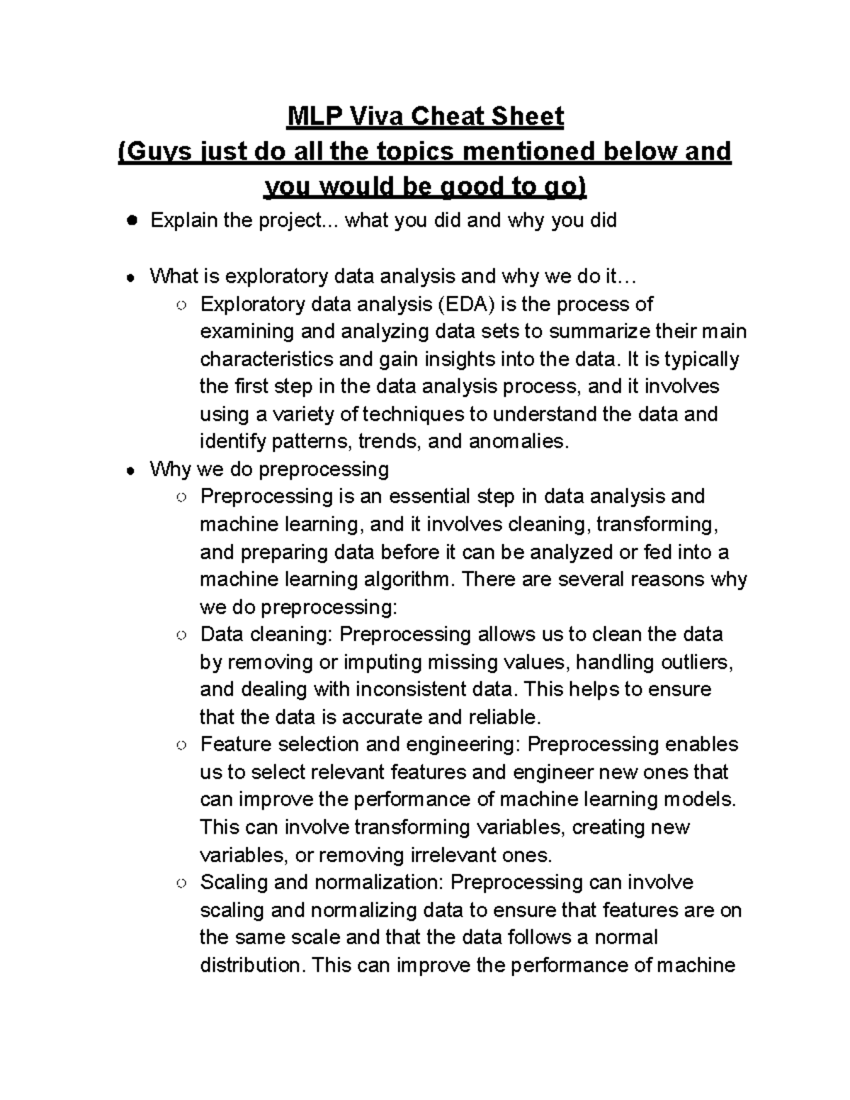 MLP Viva Cheat Sheet: Key Topics for Data Analysis & ML - Studocu