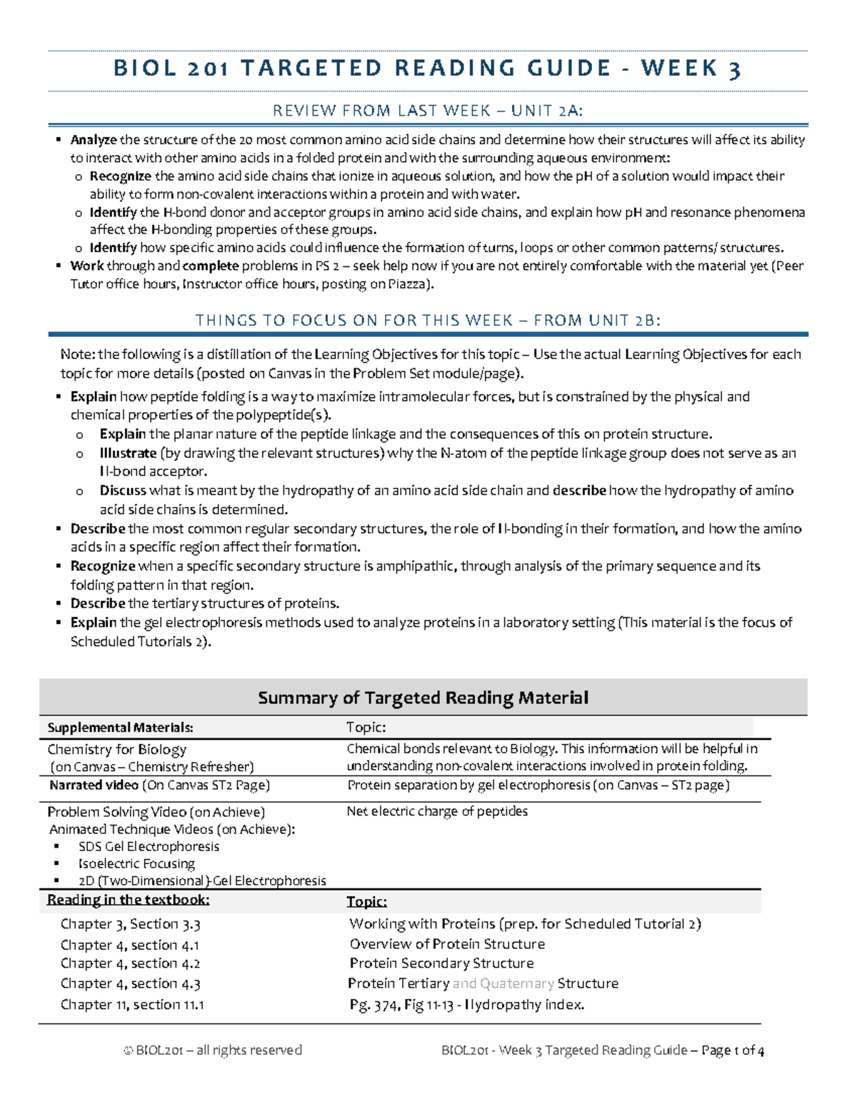 BIOL 201 Week 3 Targeted Reading Guide: Protein Structure & Gel ...